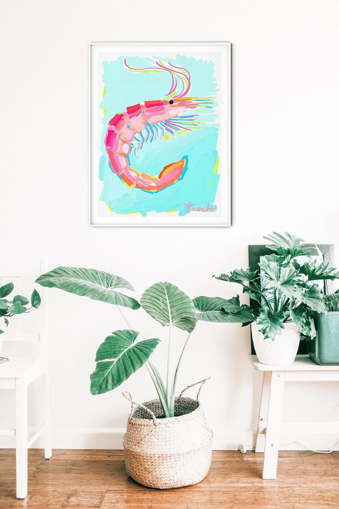 Bright Pink Shrimp With Aqua Background Art Print by Kelly Tracht ...