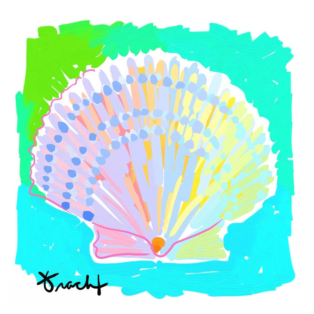 Scallop Print Scallop Painting Shell Aqua Lime by Artist Kelly - Etsy