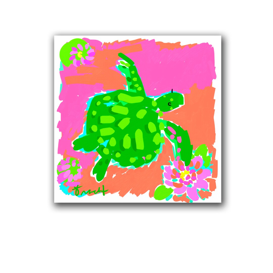 Pink and Green Preppy Turtle Square Print by Kelly Tracht - Etsy