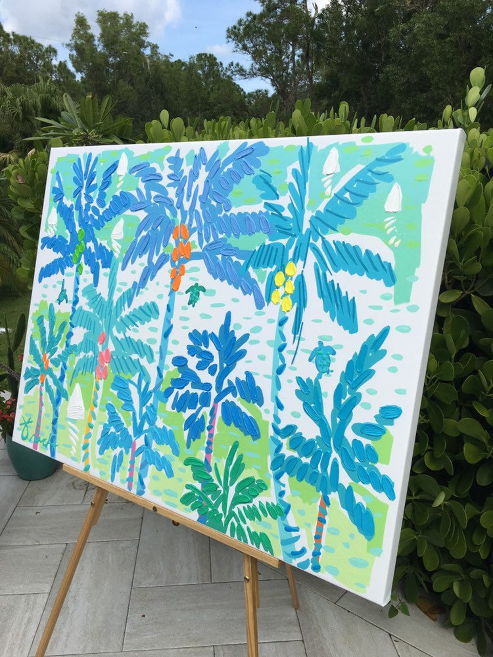 Blue Palms on Tropical Bay With Sailboats and Sea Turtles in - Etsy
