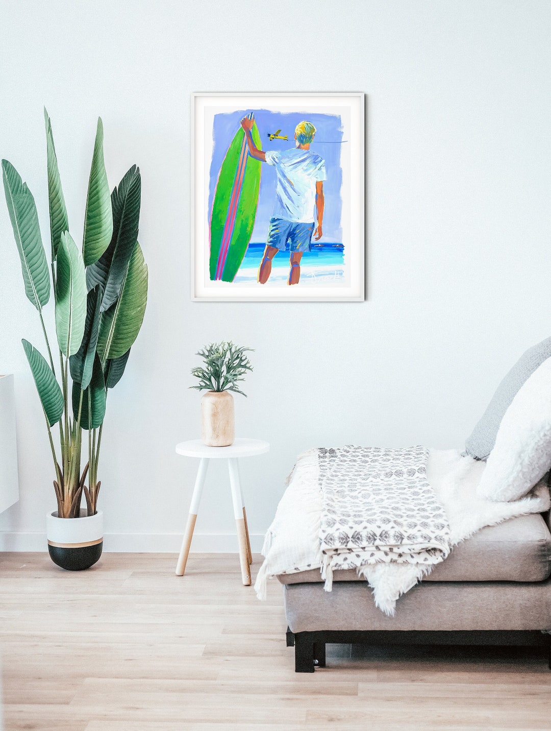 Surfer Guy With Green Surf Board at the Beach With Pelicans Art Print ...