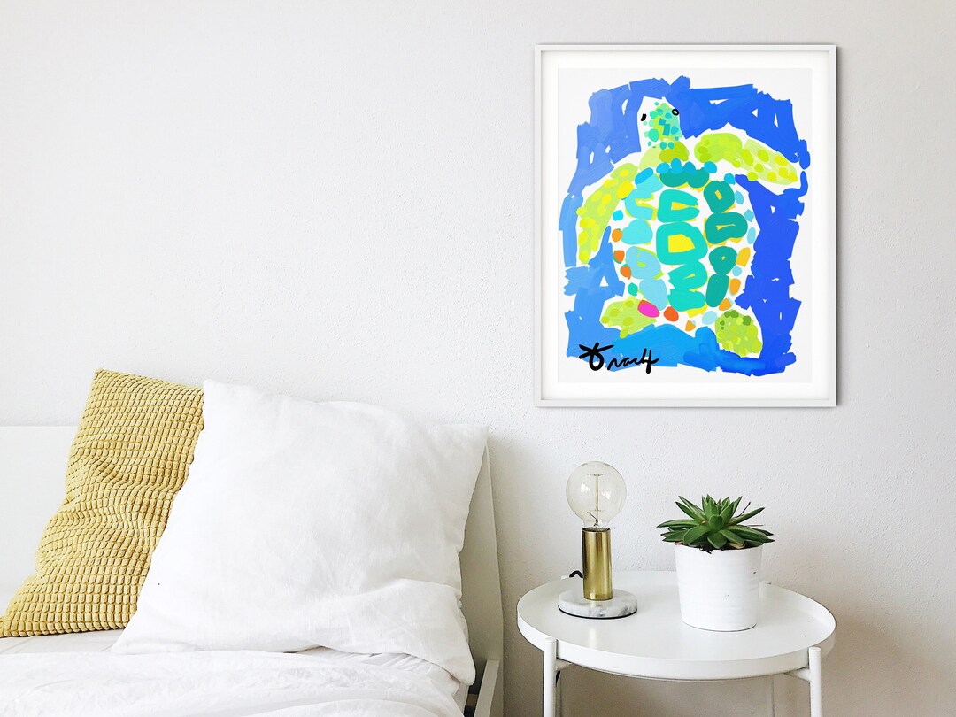 Preppy Turtle Print Aqua Lime Loggerhead Turtle Artist Kelly Tracht Sea ...