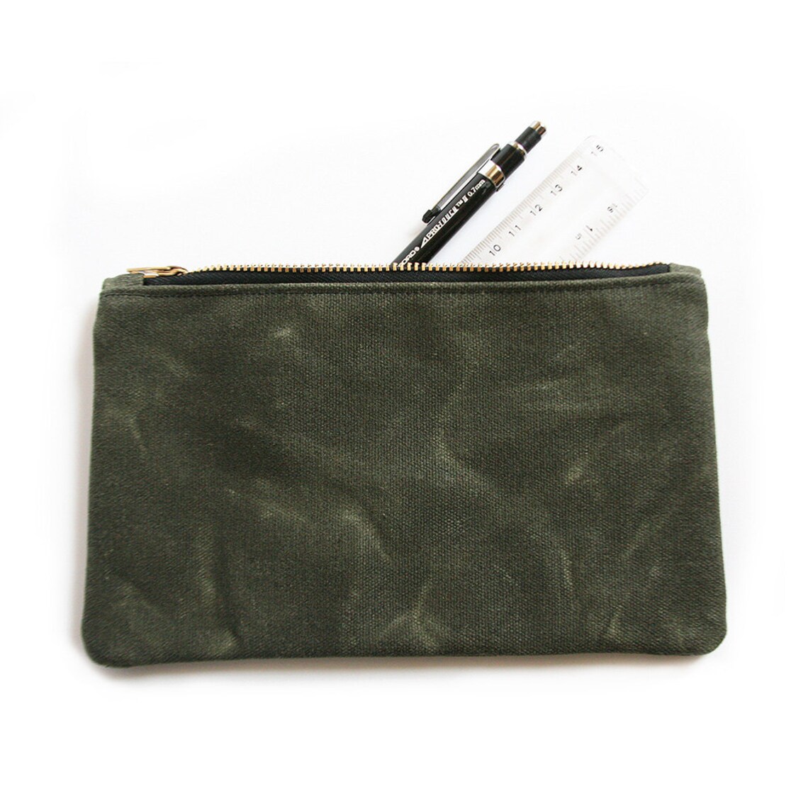 Dark Olive Waxed Canvas Pouch, Waxed Canvas, Zipper Pouch, Pencil Case ...