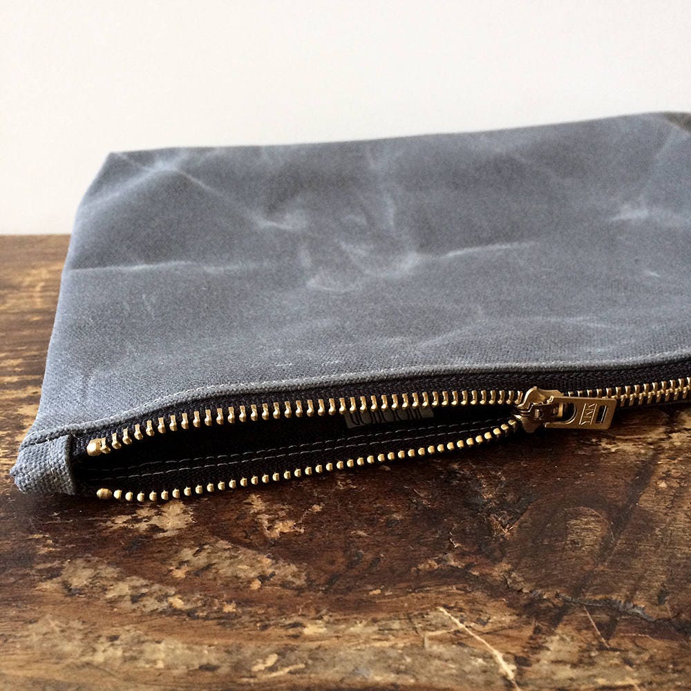 Gray Waxed Canvas Pouch With Brass Zipper, Minimalist Style Utility ...