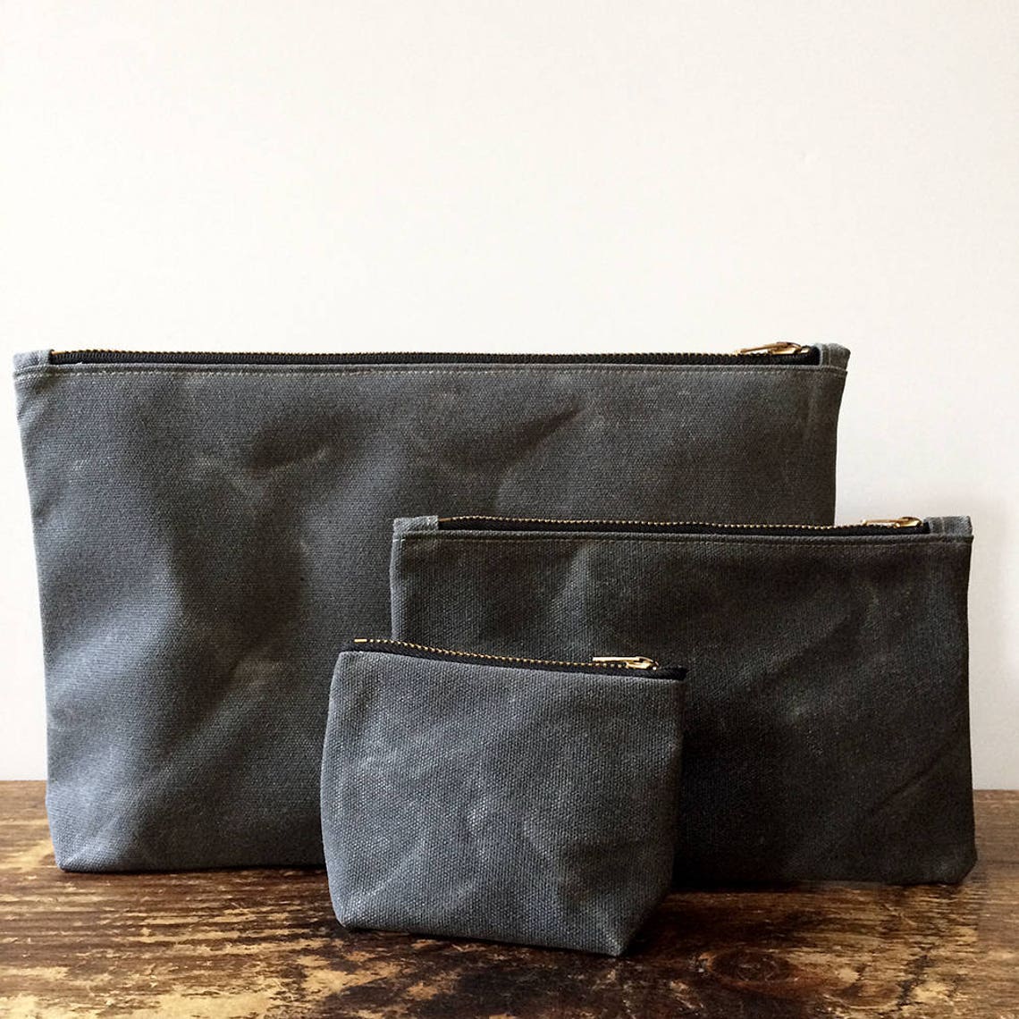 Gray Utility Pouch Trio Set Waxed Canvas Pouch With Brass - Etsy