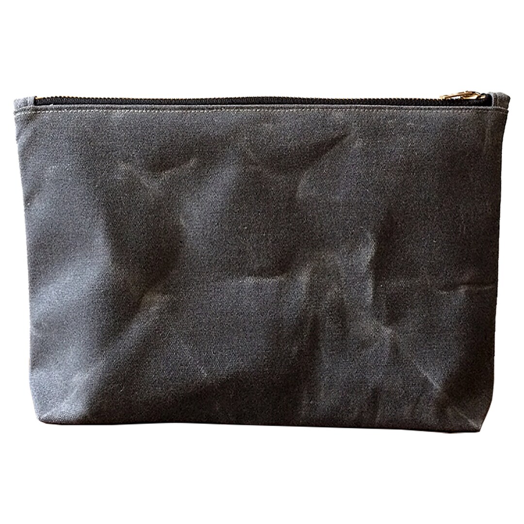 Gray Waxed Canvas Pouch With Brass Zipper, Minimalist Style Utility ...