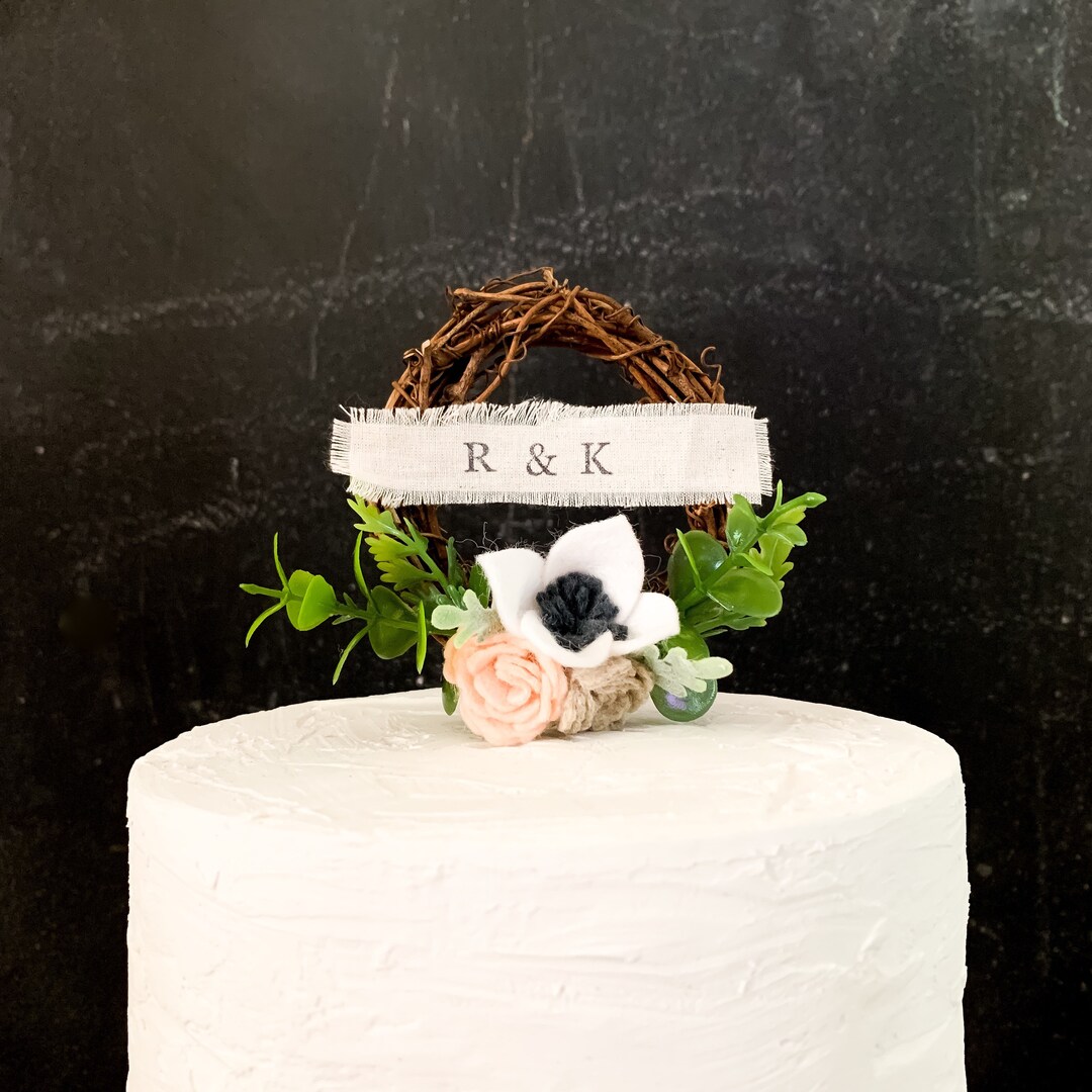 Personalized Felt Flower Wreath Cake Topper Rustic Cake Topper Custom ...