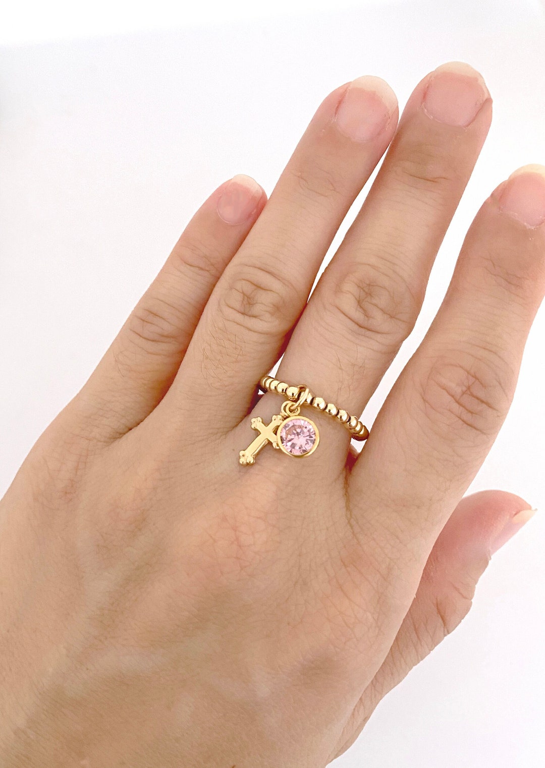 Gold Filled Cross Ring With Birthstone Charm, Dangle Charm Ring, Beaded ...