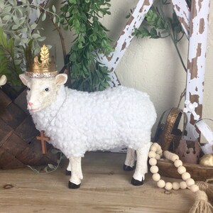 Large Standing Sheep With Crown and Crucifix Necklace, Resin Sheep ...