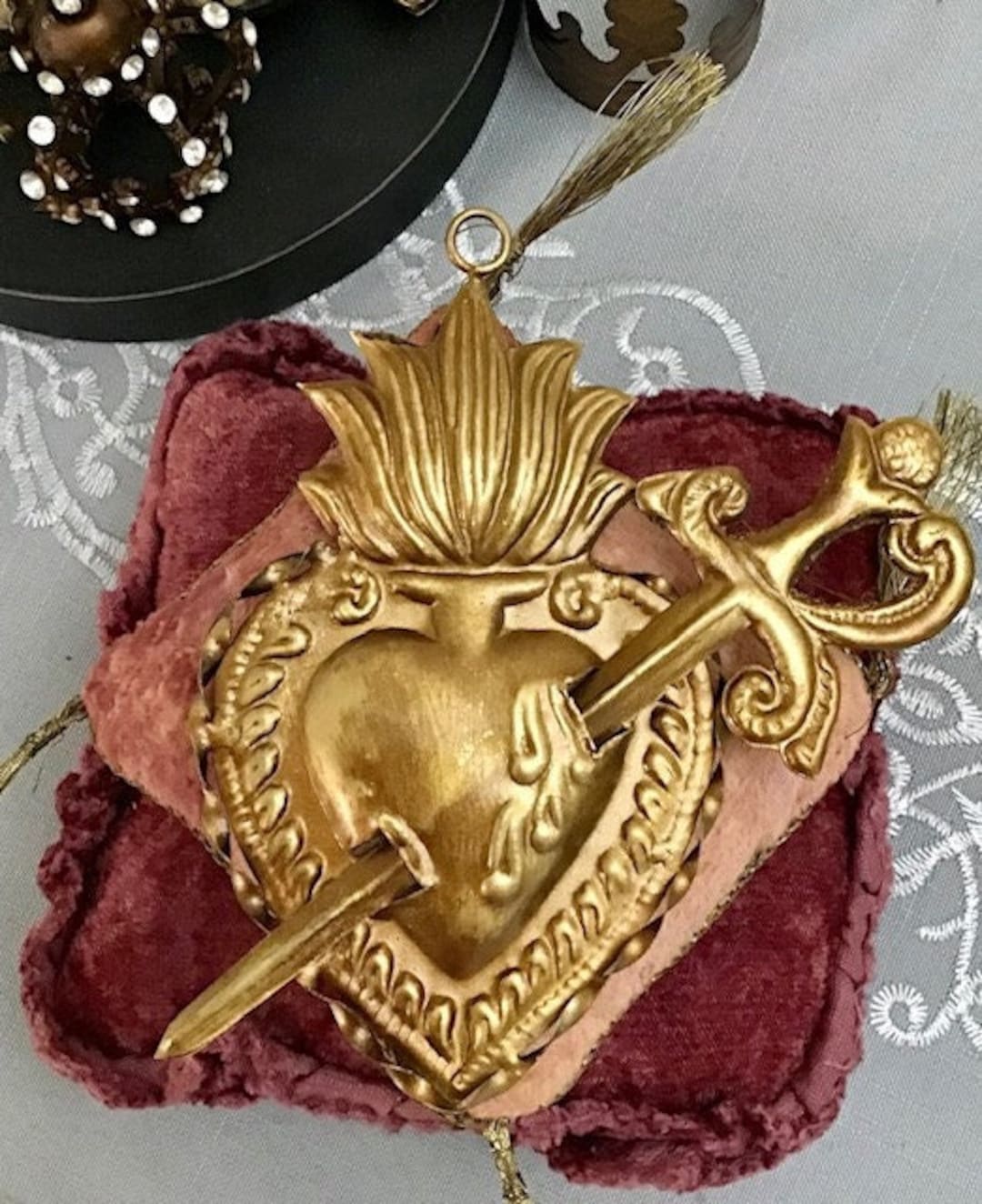 Sacred Flaming Heart, Coat of Arms Emblem, Antique Gold Finish - Etsy