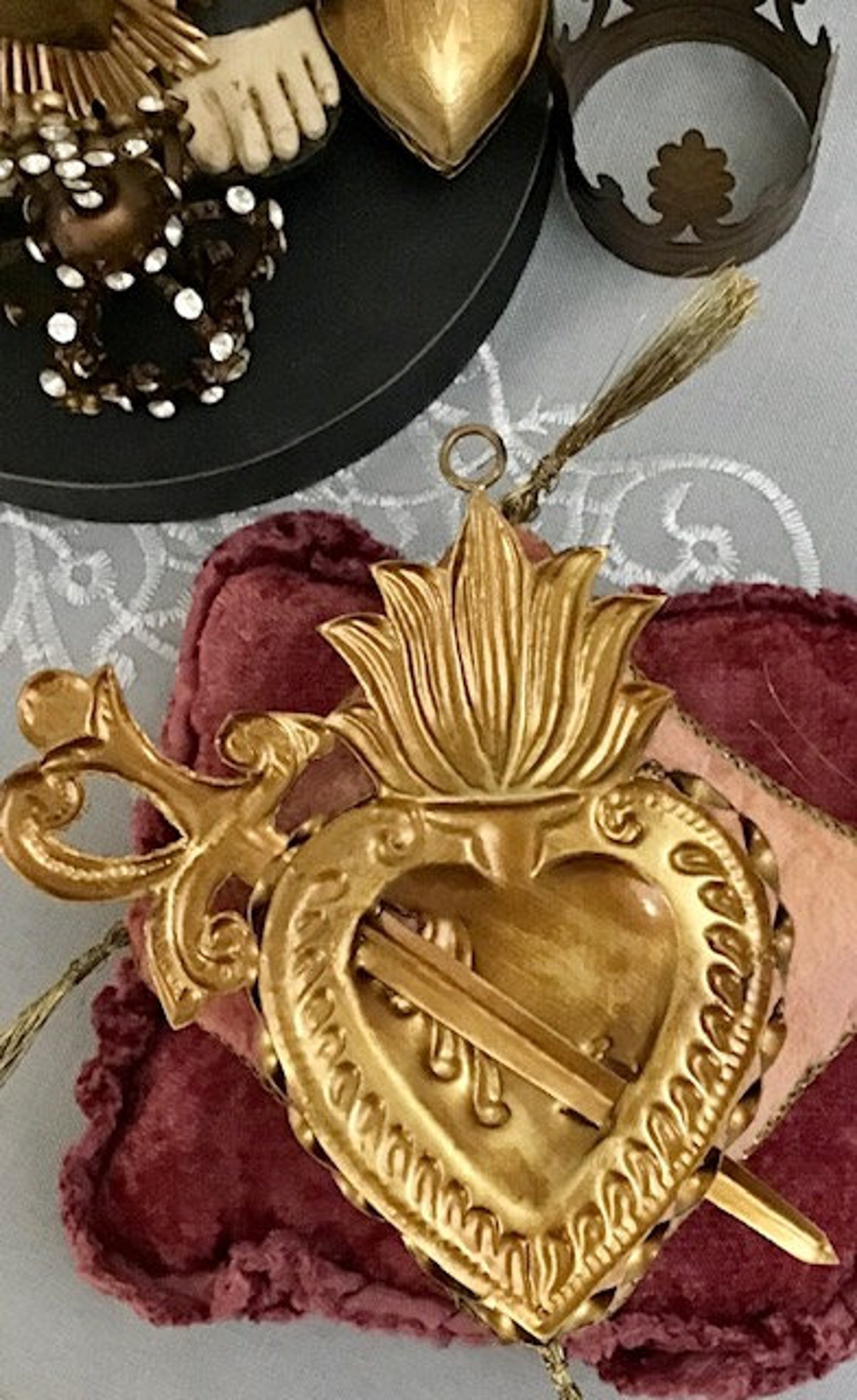 Sacred Flaming Heart Coat of Arms Emblem Antique Gold Finish | Etsy