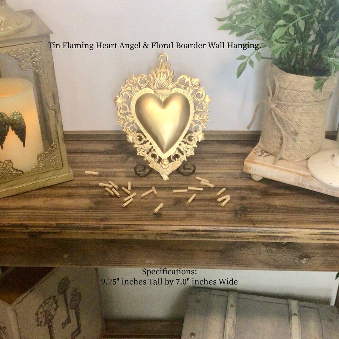 Tin Flaming Heart Angel With Floral Boarder and Angel With Wings, Wall ...