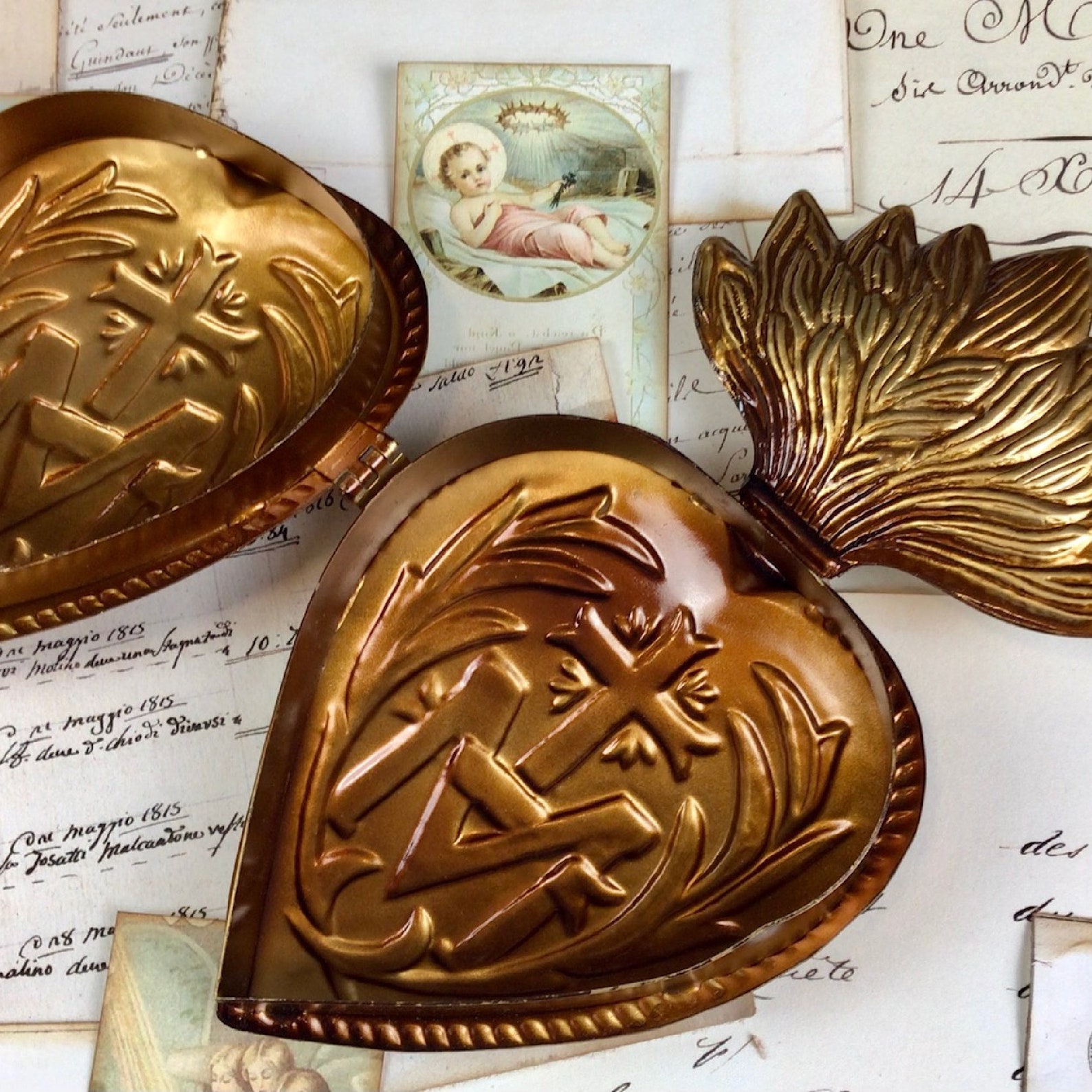 Sacred Heart Large Embossed Prayer Box or Rosary Box in Gold Antique ...