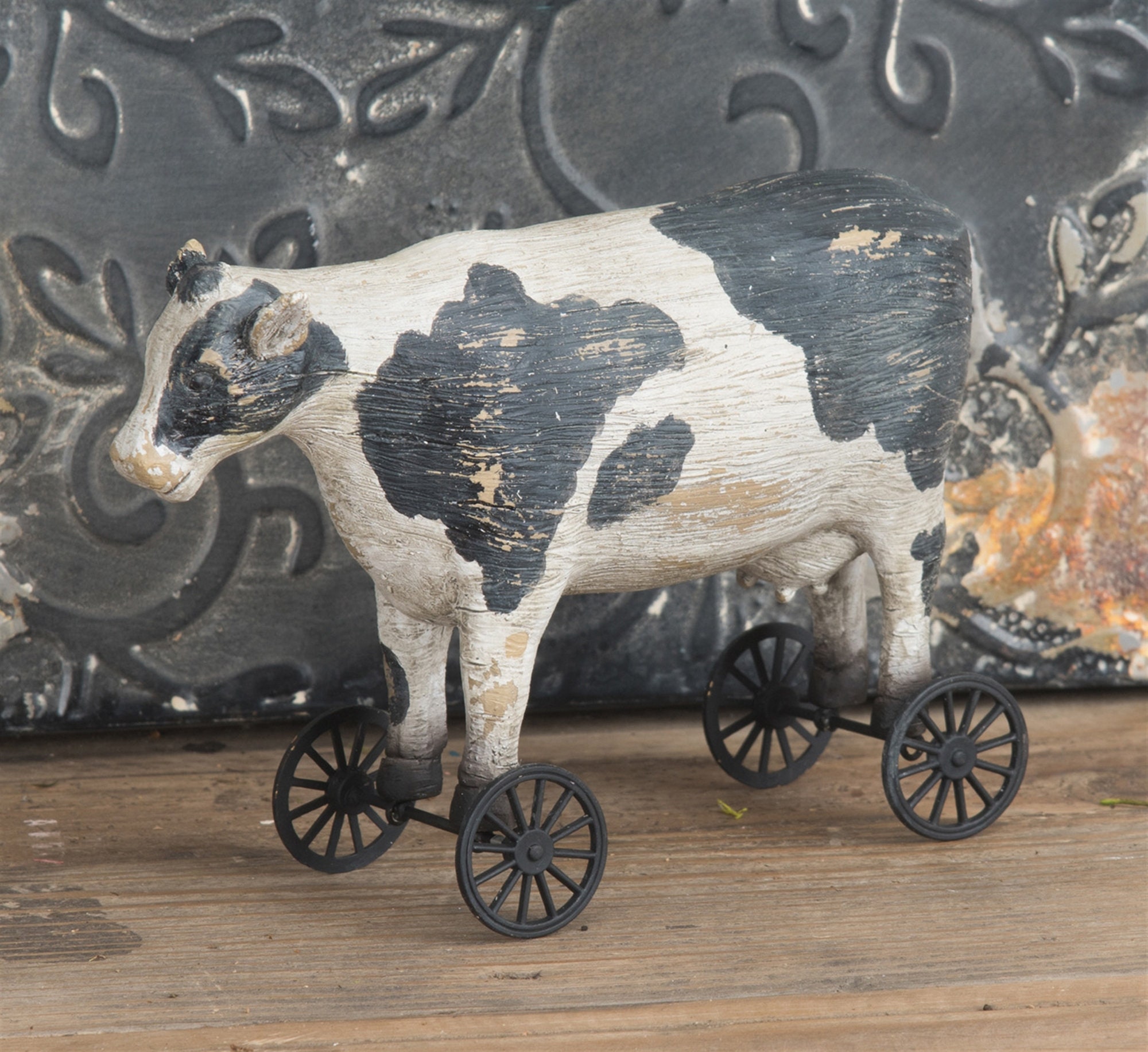 Cow on Wheels - Resin and Metal - Farmhouse Home Decor