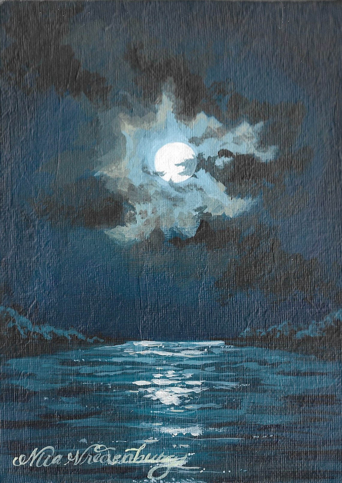 Calm Waters Blue and White Moonscape Ocean Waves Sea Full Moon Home ...