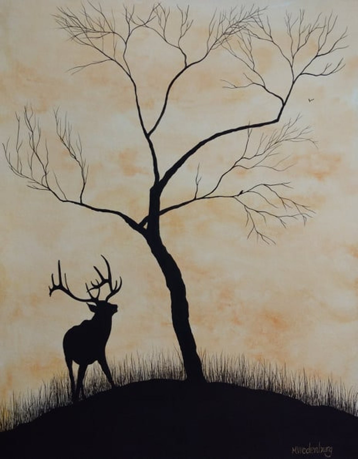 King - Elk Tree Sunset - Original Watercolor Painting Drawing - 16X20 ...