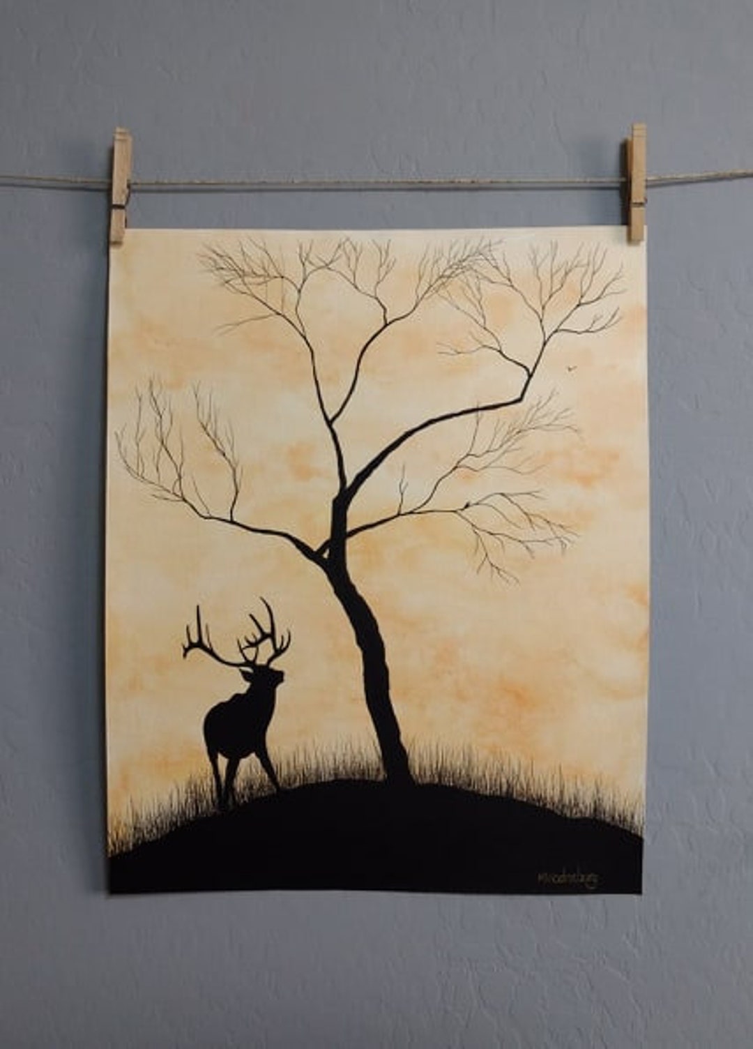 King - Elk Tree Sunset - Original Watercolor Painting Drawing - 16X20 ...