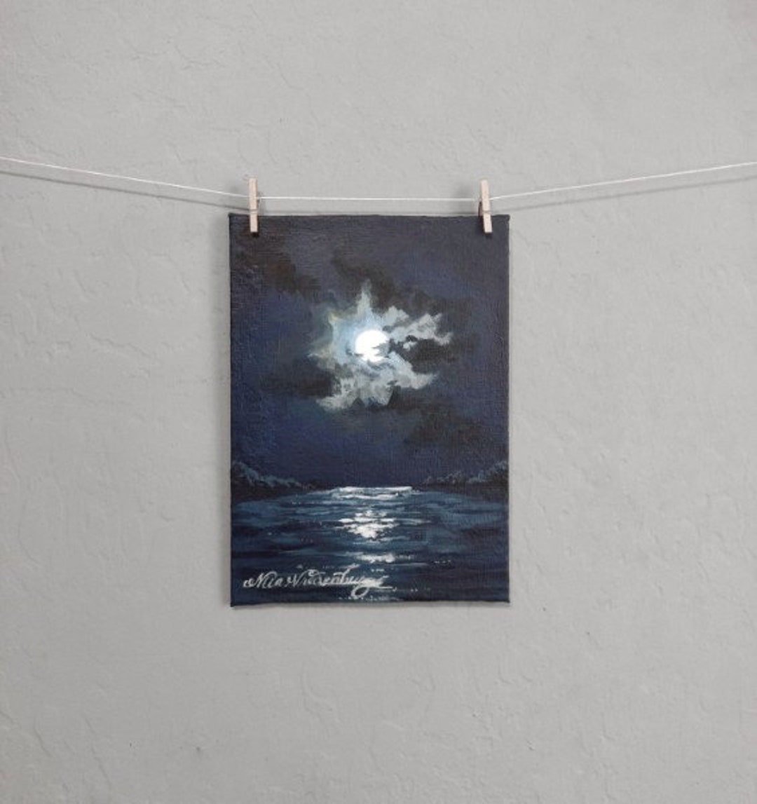 Calm Waters - Blue and White Moonscape Ocean Waves Sea Full Moon Home ...