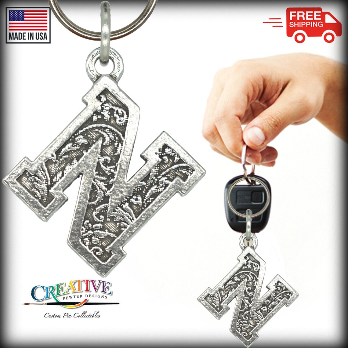 Letter N Keychain, L014KC, 1 3/8 Inch, Alphabet, Initial, Personalized ...