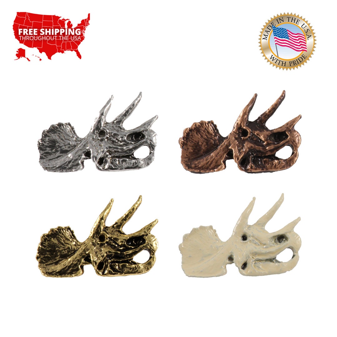 Triceratops Fossilized Dinosaur Head Pin, Pewter, Dinosaur, Fossil ...