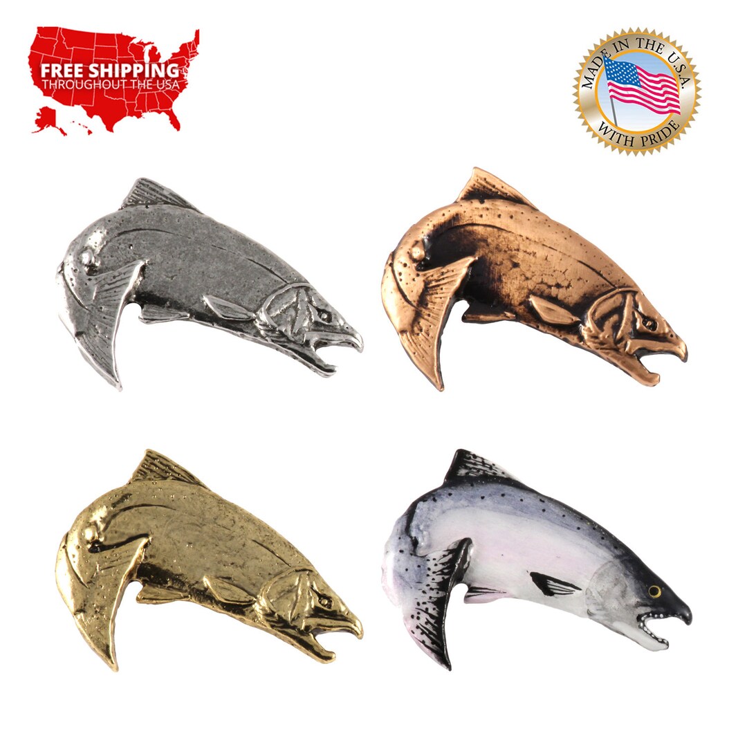 Chinook Salmon, King, Leaping, Pewter, Lapel, Hat, Pins, Brooch ...