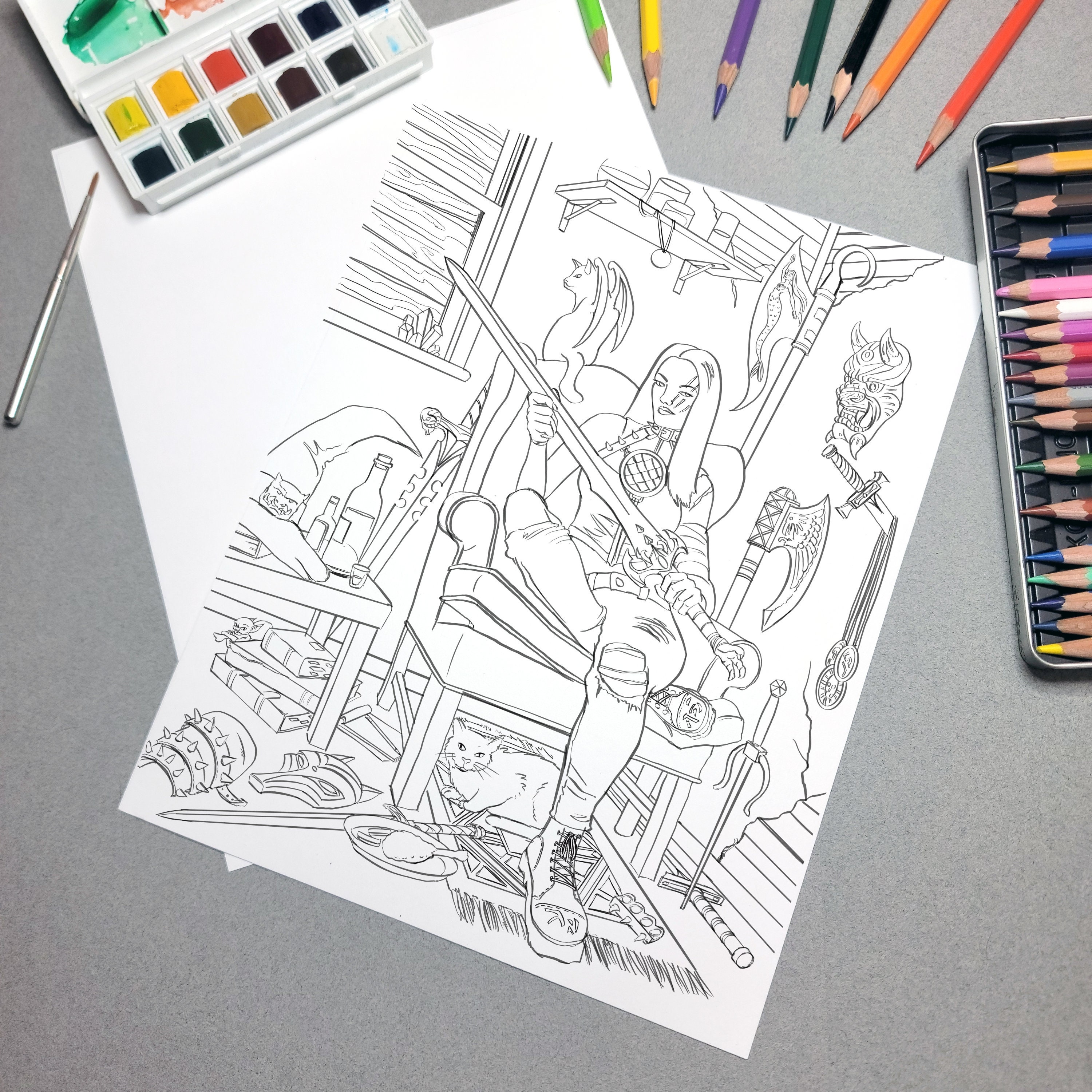 Hunter's Lair Coloring Page Adult Fantasy Art Page. - Etsy