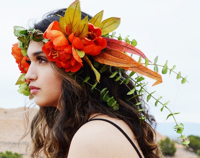 Orange Flower Crown, Floral Tiara, Flower Headband Leaves and Branches ...