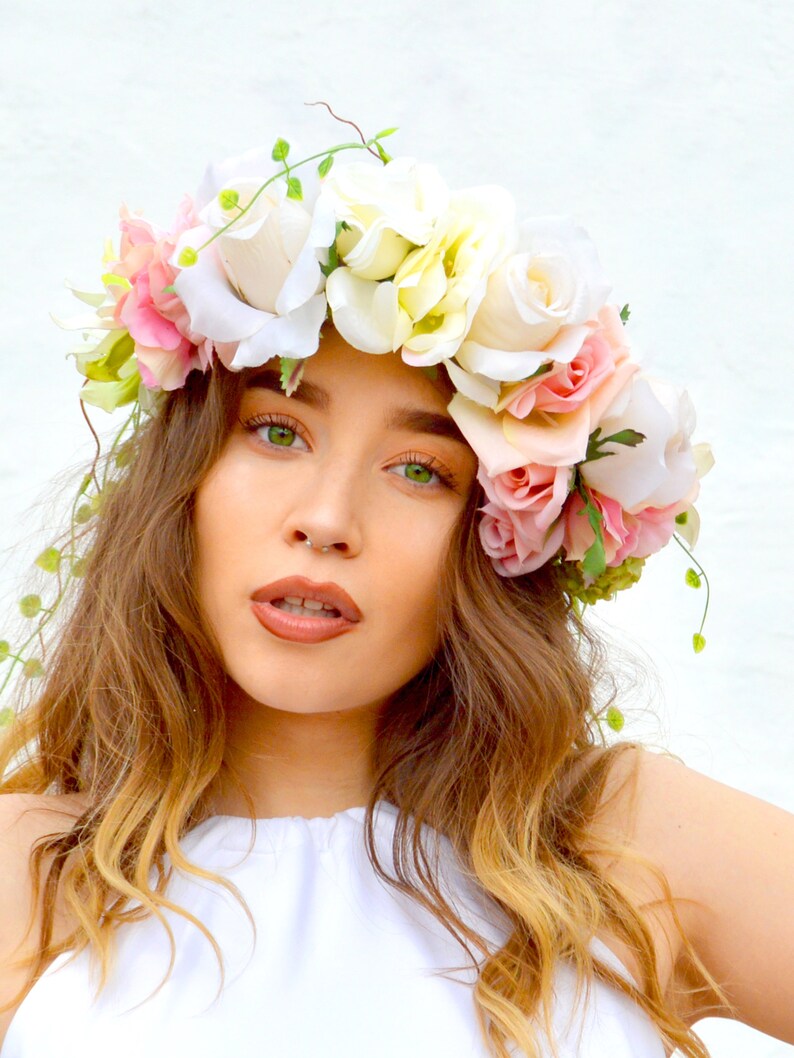 Ivory and Pink Roses Flower Crown Floral Bridal Crown - Etsy