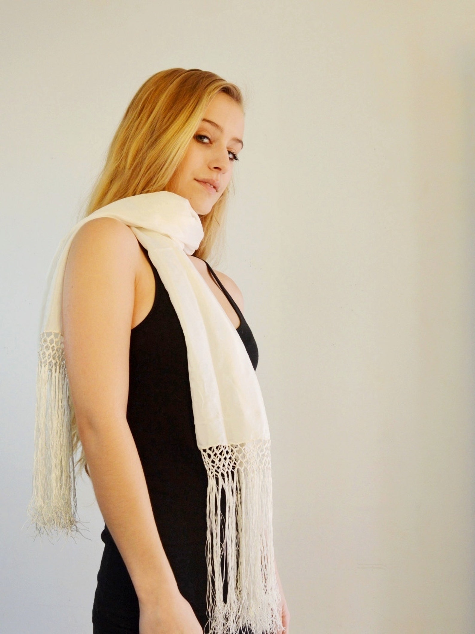 White Piano Scarf Silk Scarves Fringed Scarf Victorian - Etsy