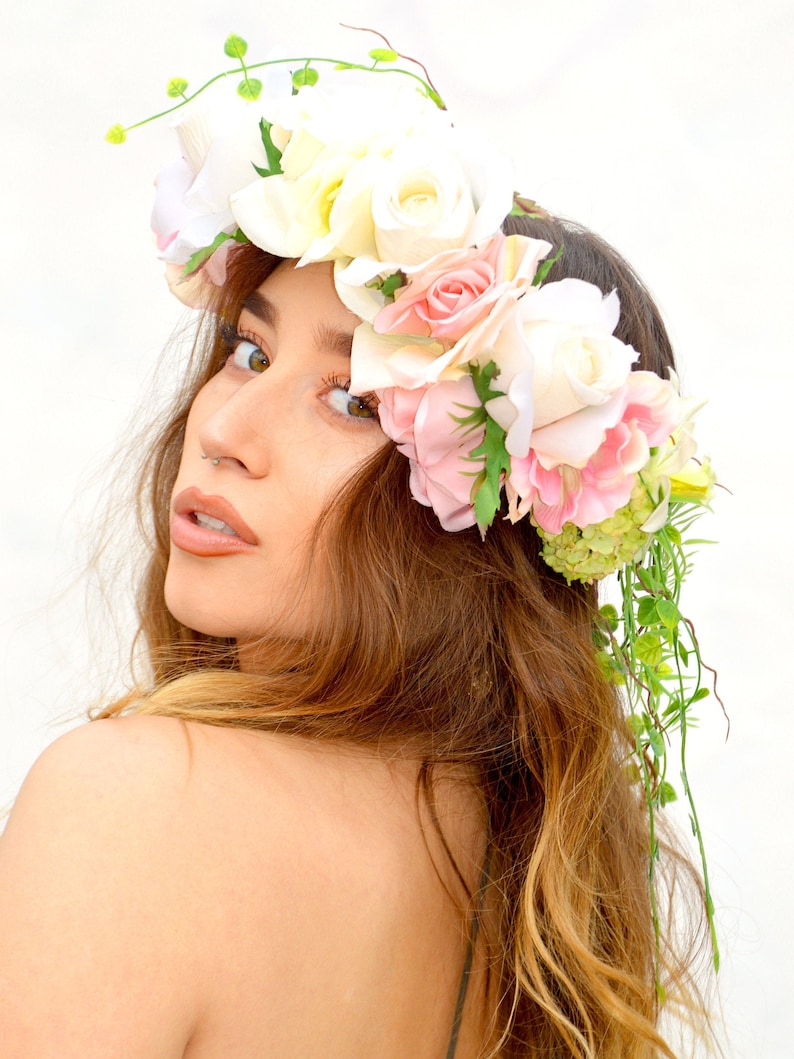 Ivory and Pink Roses Flower Crown Floral Bridal Crown - Etsy