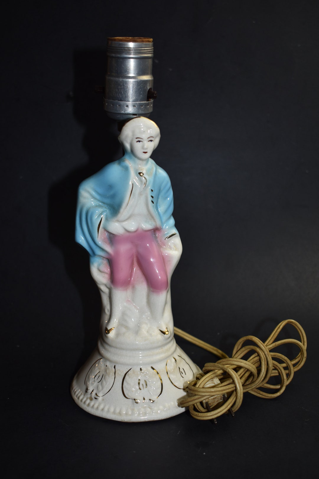 Vintage 1950s Ceramic Colonial Man Lamp: Blue, Pink & Gold Accent - Etsy