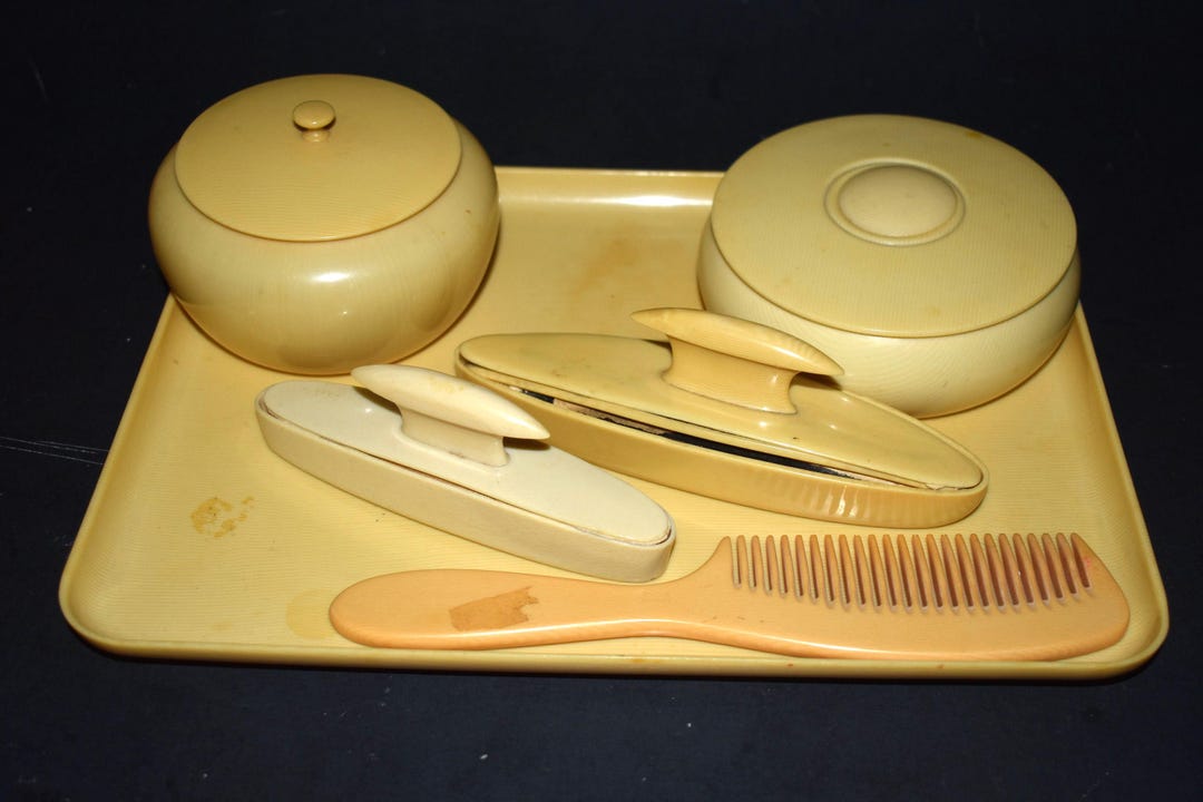 Vintage Art Deco Pyralin Dresser Set: Ivory Vanity Tray, Comb, Nail ...