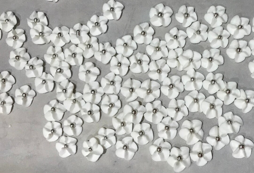White Royal Icing Flowers With Silver Dragee Center (100) - Etsy