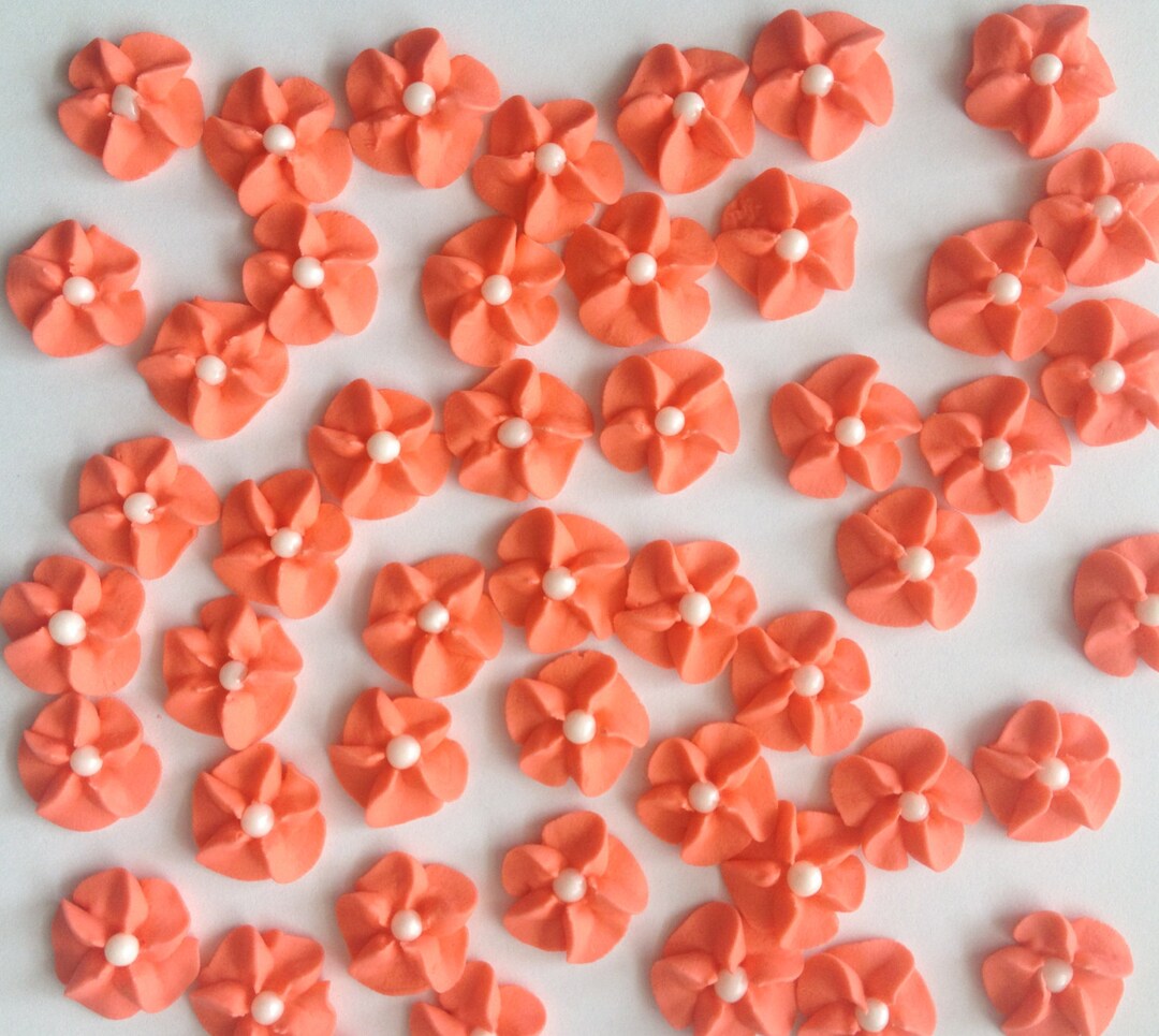 Coral Royal Icing Flowers With White Sugar Pearl Center (100) - Etsy