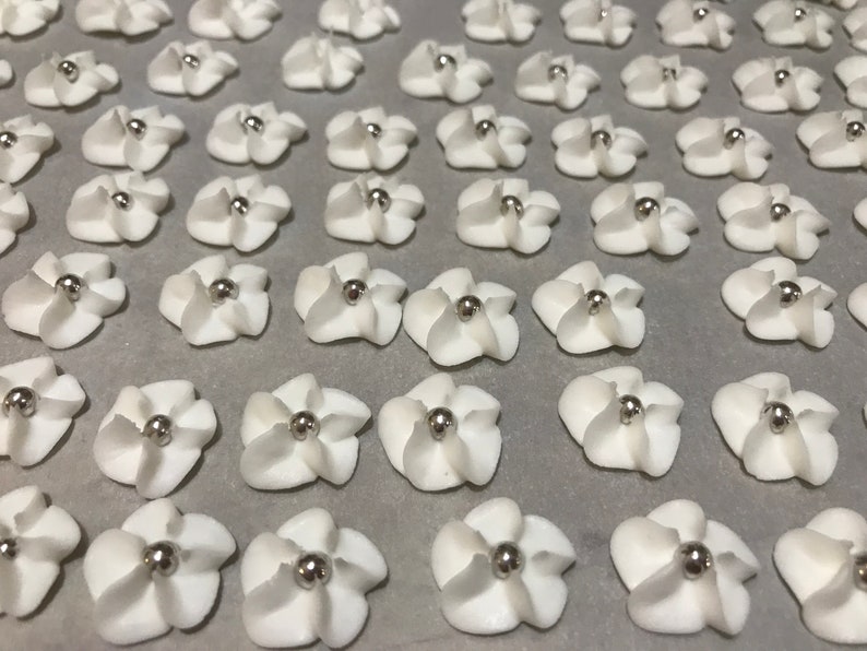 White Royal Icing Flowers With Silver Dragee Center 100 | Etsy