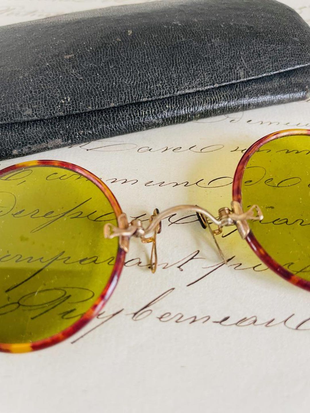 Antique French Spectacles Shell Framed Pince Nez 1910s Green Sun Shades ...