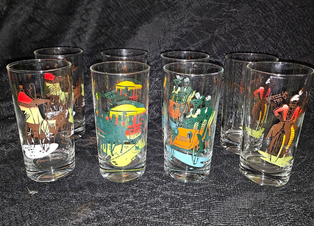 Vintage Set of Eight Anchor Hocking Tumbler Glasses "gay Nighties" Transportation - Etsy