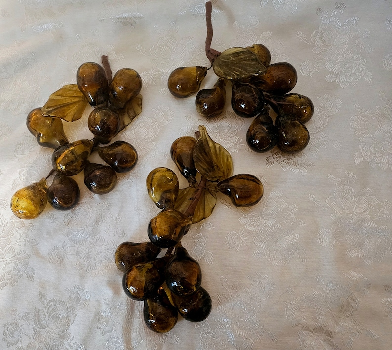 Vintage Three Amber Glass Hand Blown Large Grapes Cluster of 12 Leaves ...