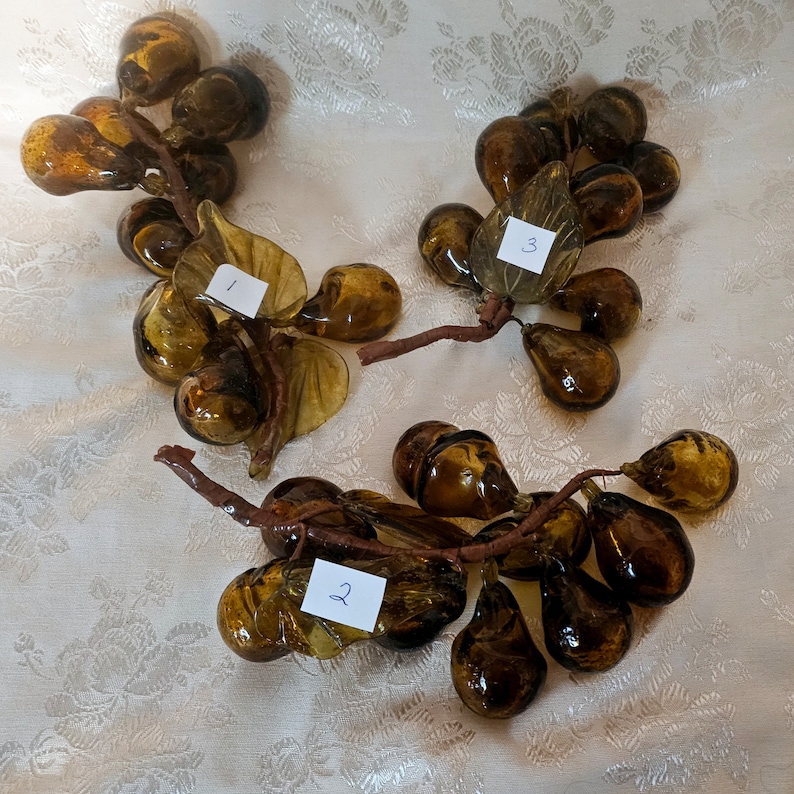 Vintage Three Amber Glass Hand Blown Large Grapes Cluster of 12 Leaves ...