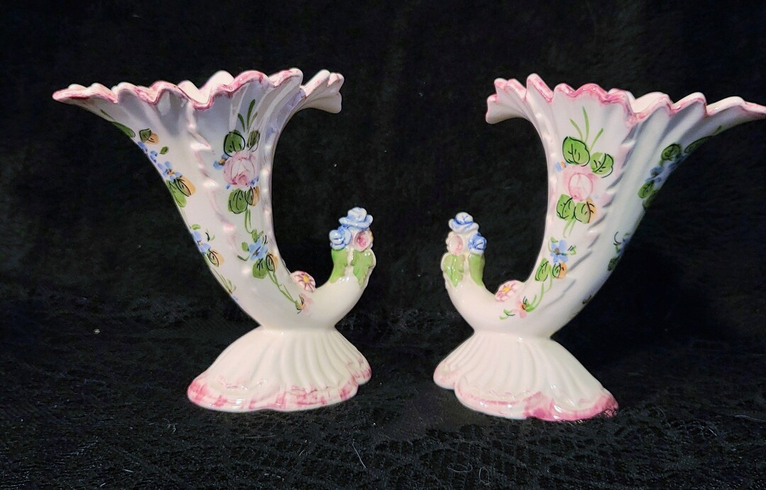 Vintage Pair Cornucopia Vases Italian PV Ceramic Hand-painted Flowers ...