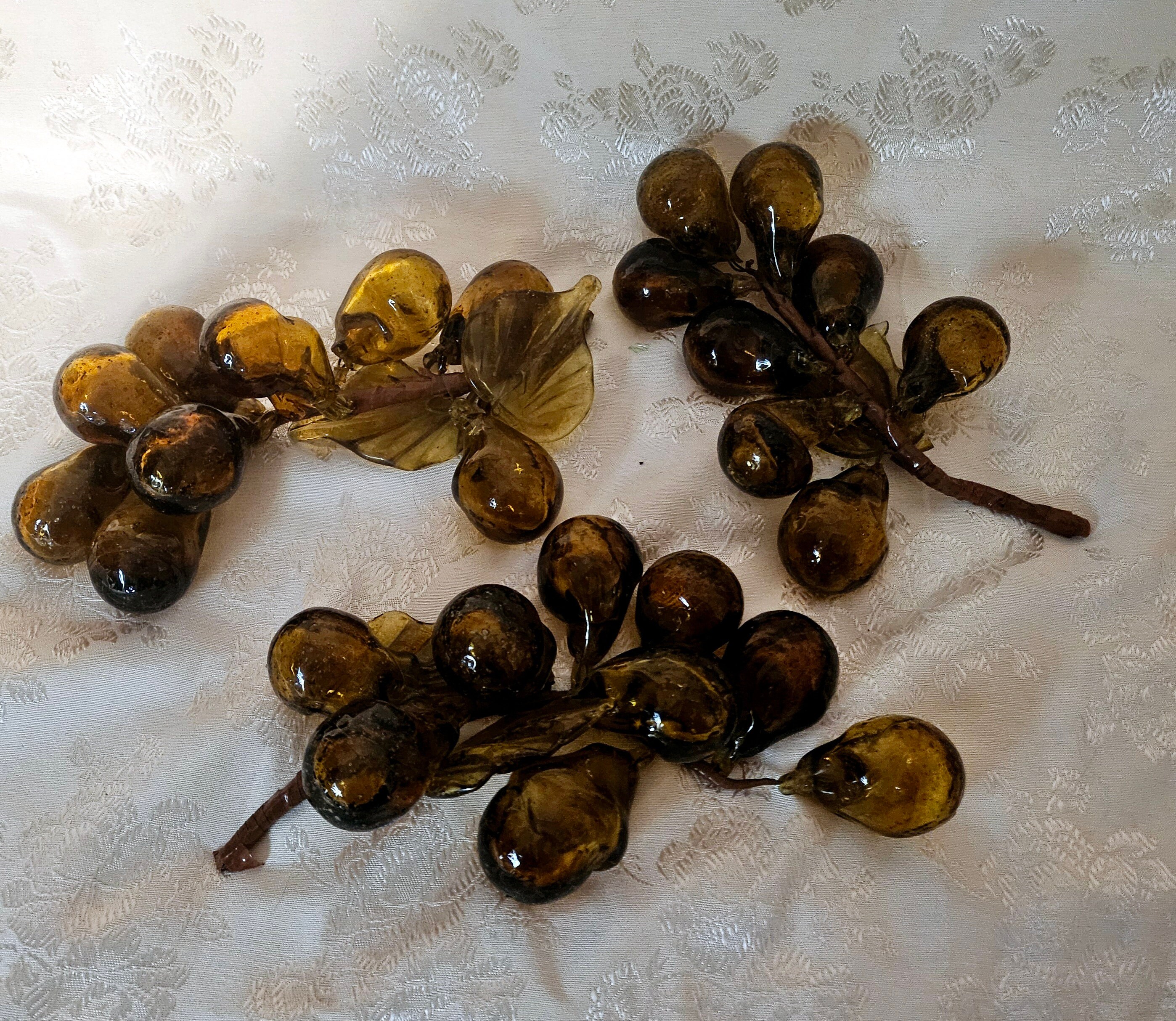 Vintage Three Amber Glass Hand Blown Large Grapes Cluster of 12 Leaves ...