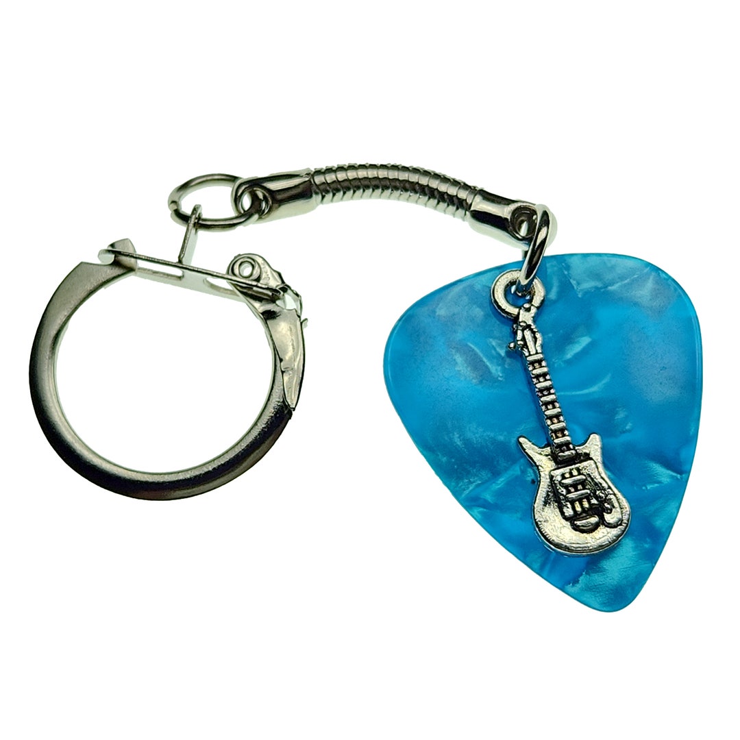 Guitar Pick Keyring | Electric Guitar on Turquoise | Gift for Music ...