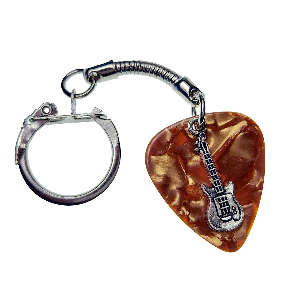 Guitar Pick Keyring | Electric Guitar on Gold-bronze | Gift for Music ...