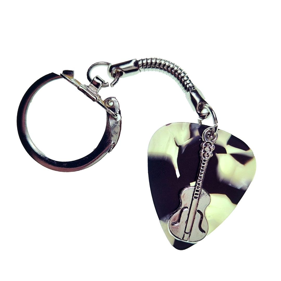 Guitar Pick Keyring | Guitar on Black & White Pearl | Gift for Music ...