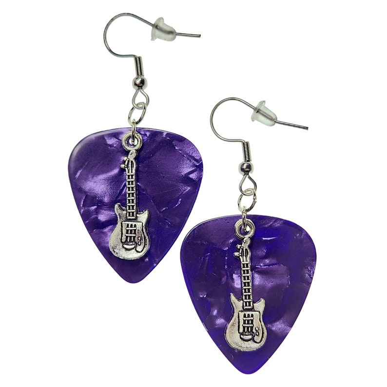 Guitar Pick Earrings | Electric Guitar Charm on Purple Pearl | Gift for ...