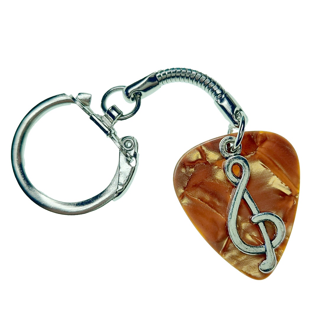 Guitar Pick Keyring | Treble Clef on Gold-bronze | Gift for Music Lover ...