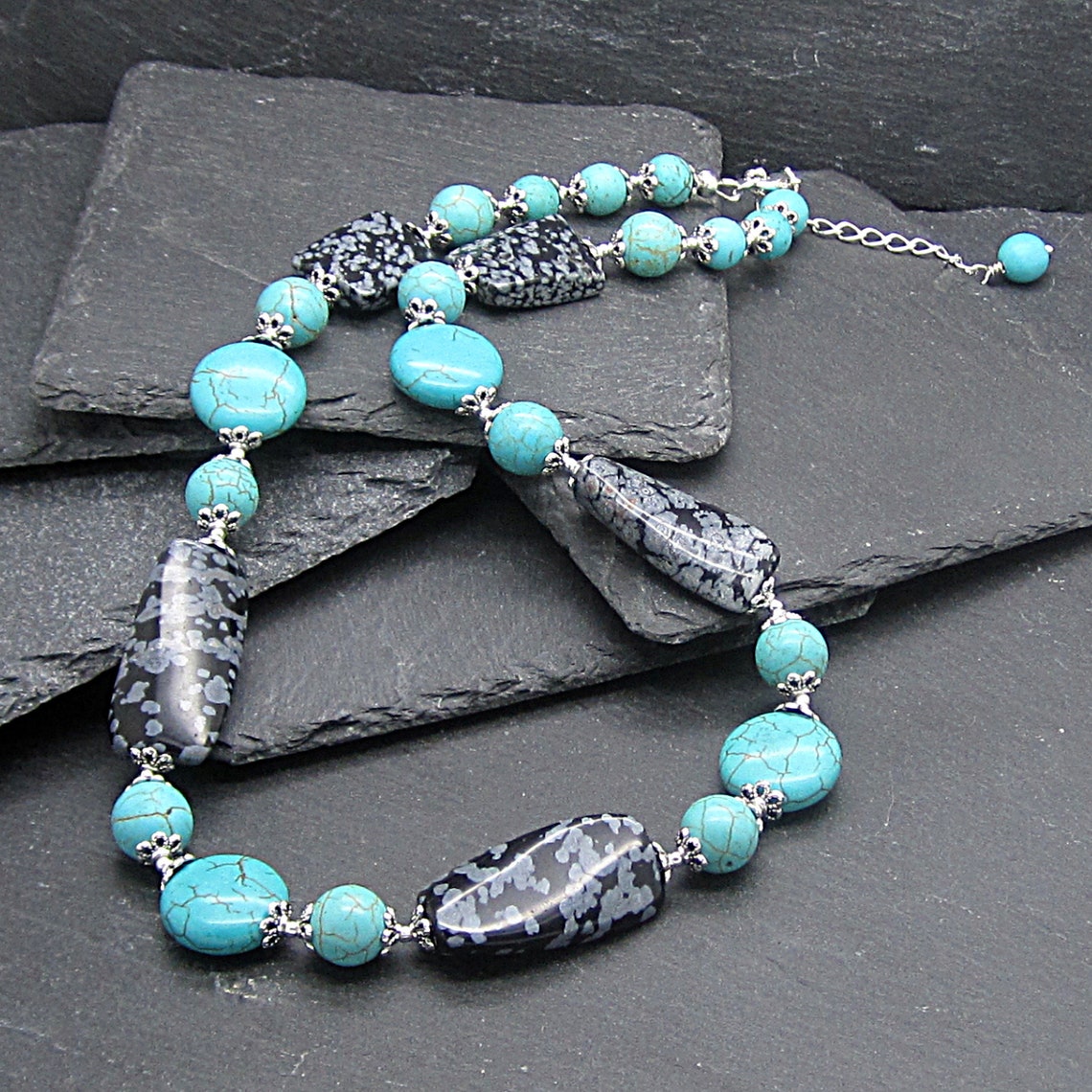 Large Gemstone Necklace Snowflake Obsidian Real Stone - Etsy