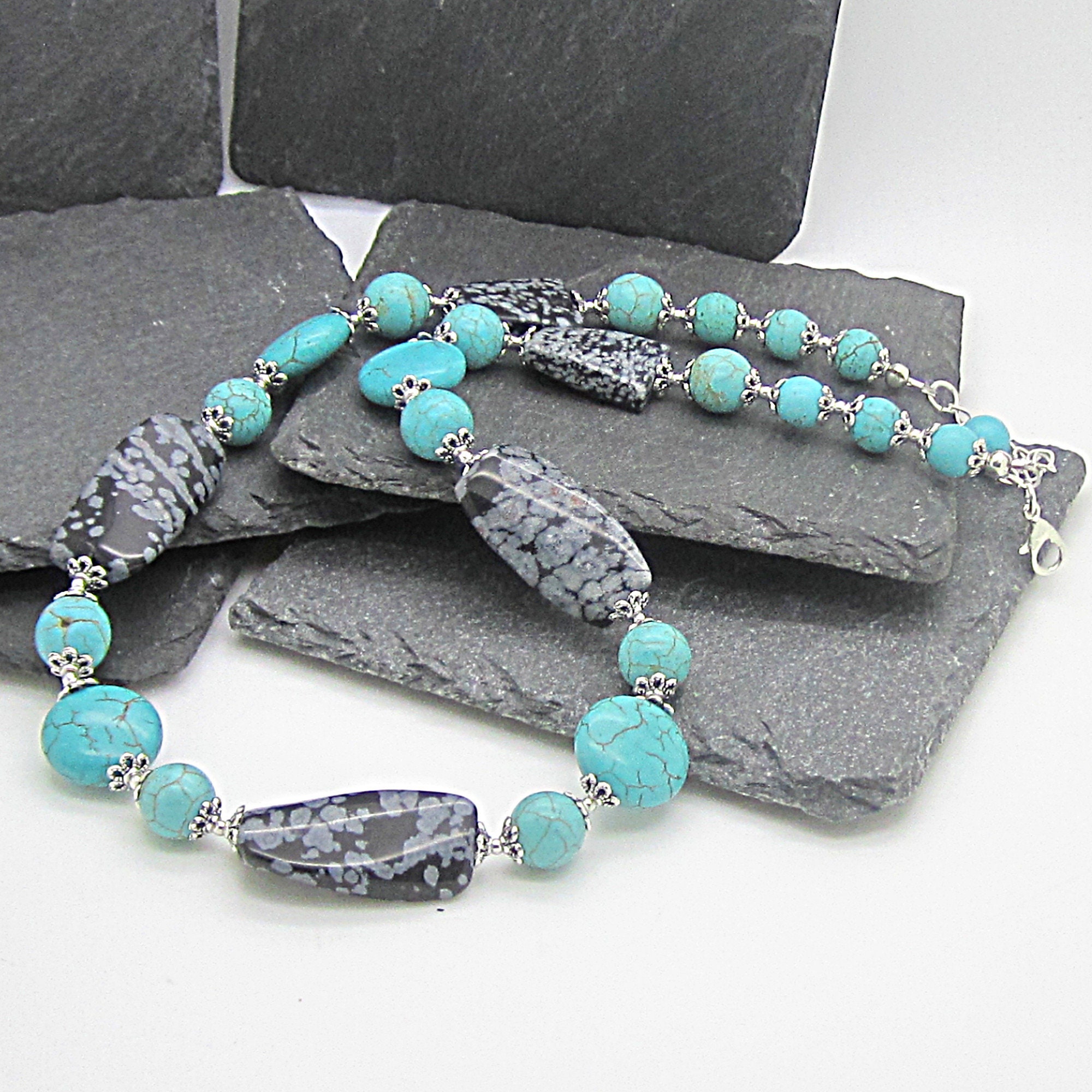 Large Gemstone Necklace Snowflake Obsidian Real Stone - Etsy