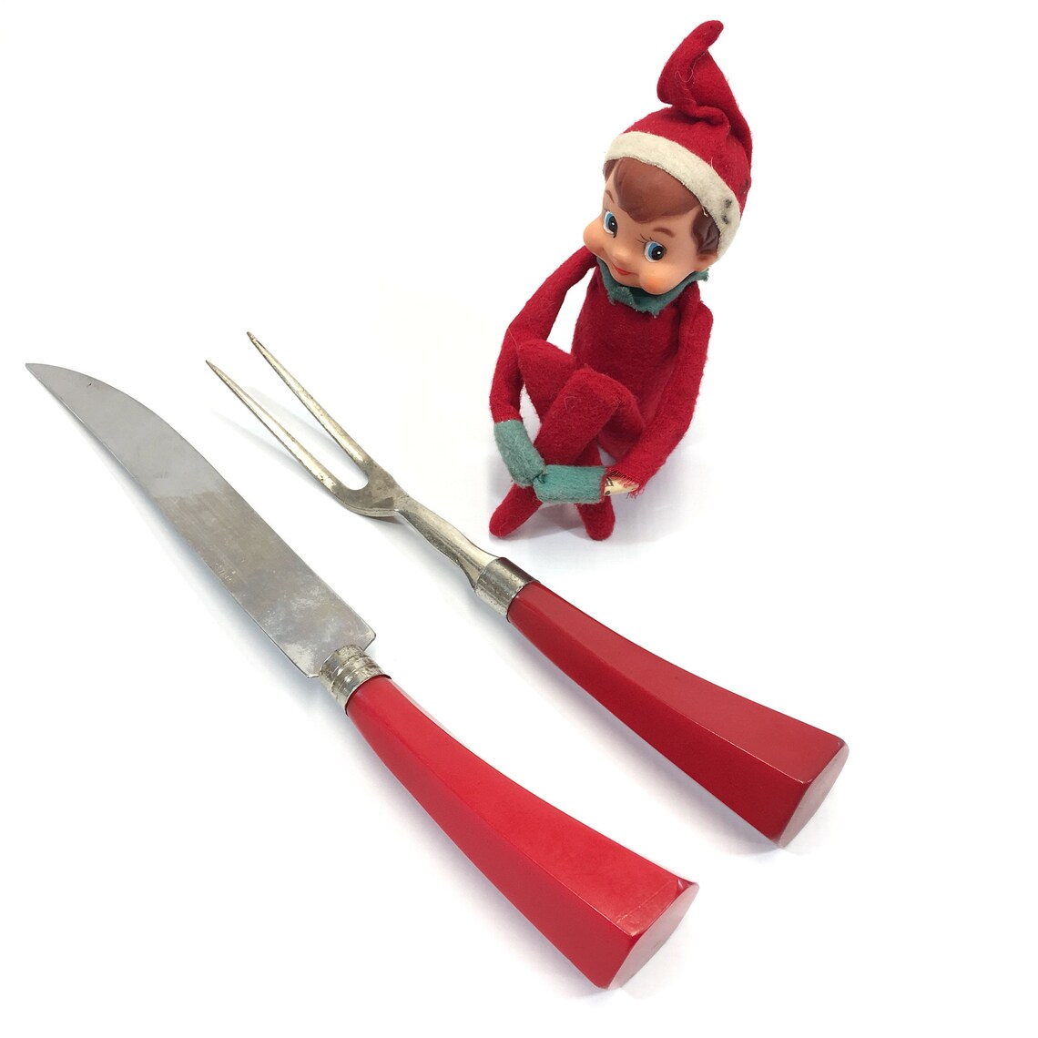 Vintage Chunky Red Bakelite Handle Carving Set Knife and Meat Fork ...