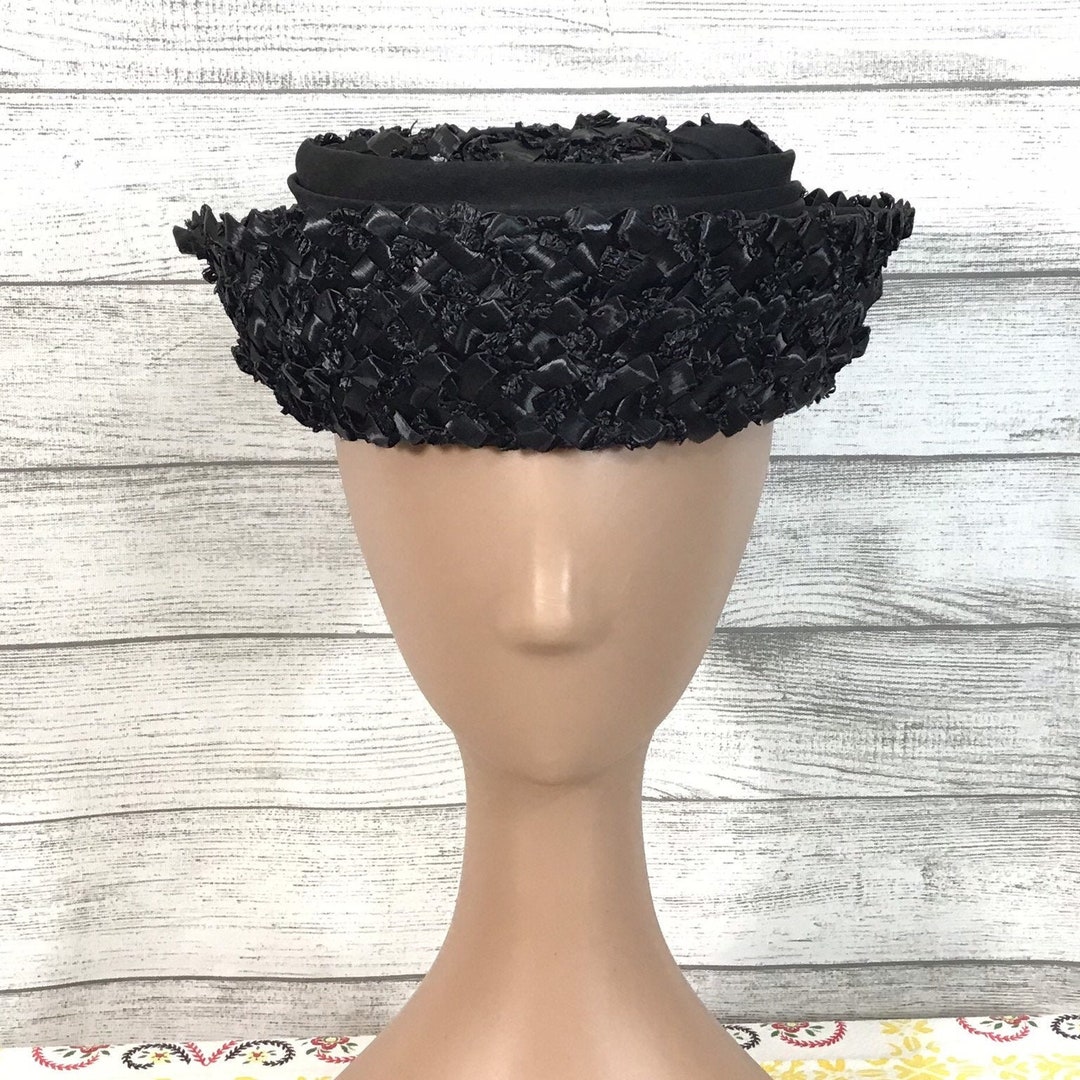 Vintage Evelyn Varon Small Black Breton Hat Turned up Brim Checkerboard ...